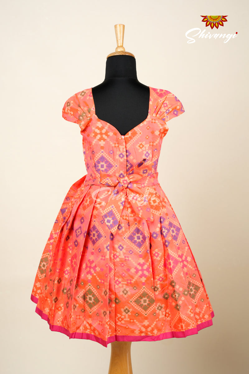 Girls Orange Floral Patola Frock 1
