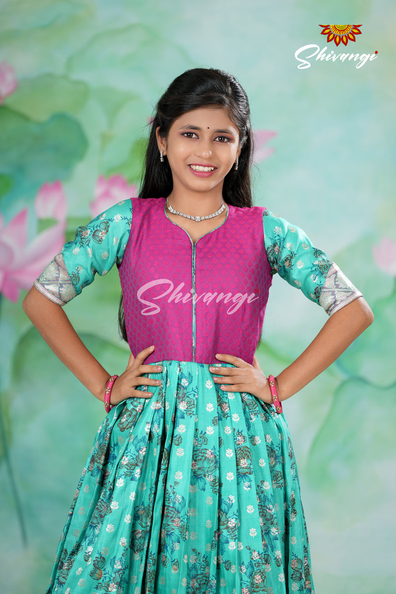 Ramar Green Satin Rose Bunch Pattu Long Gown For Girls