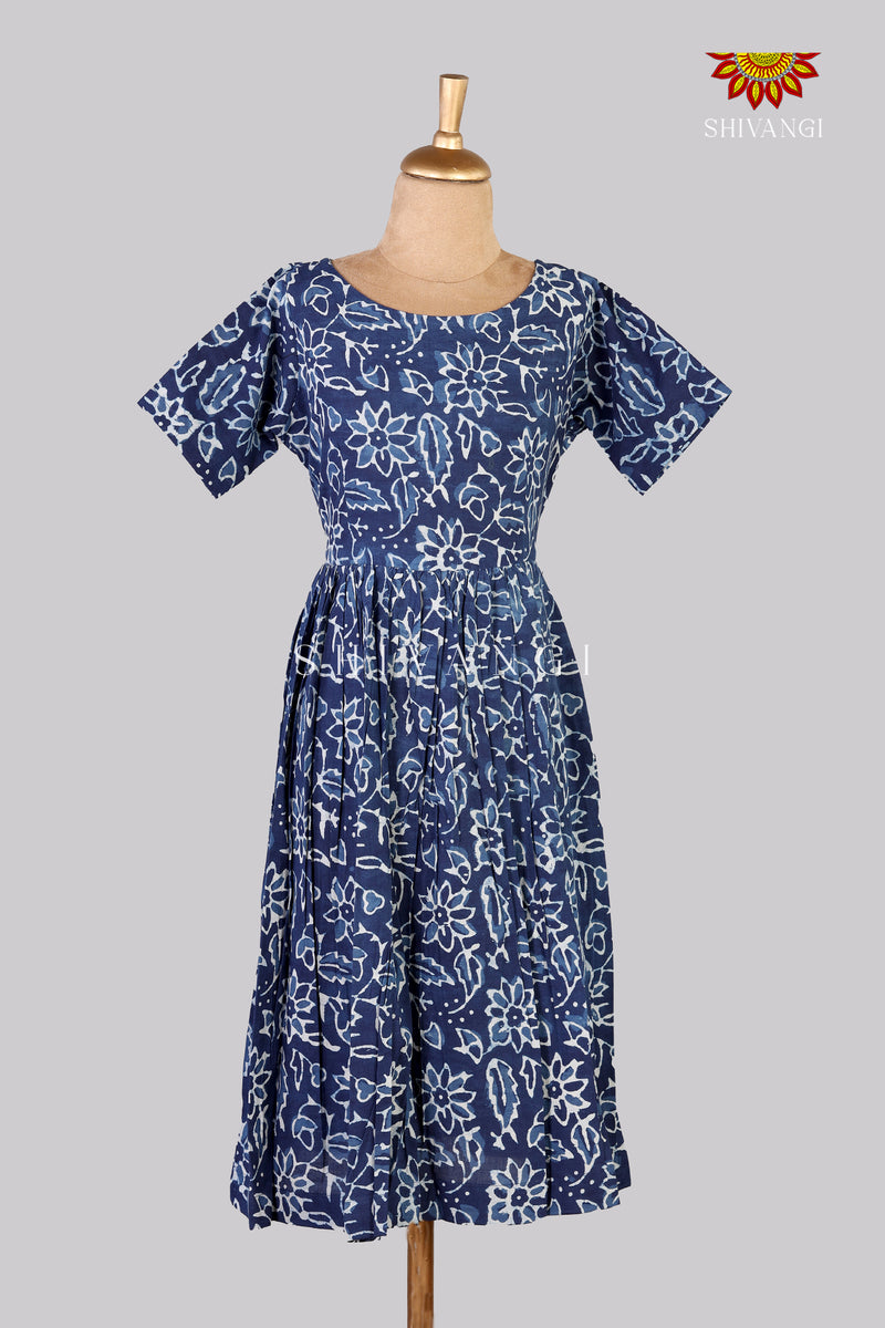 Indigo Blue Bagru Floral Frock For Kids