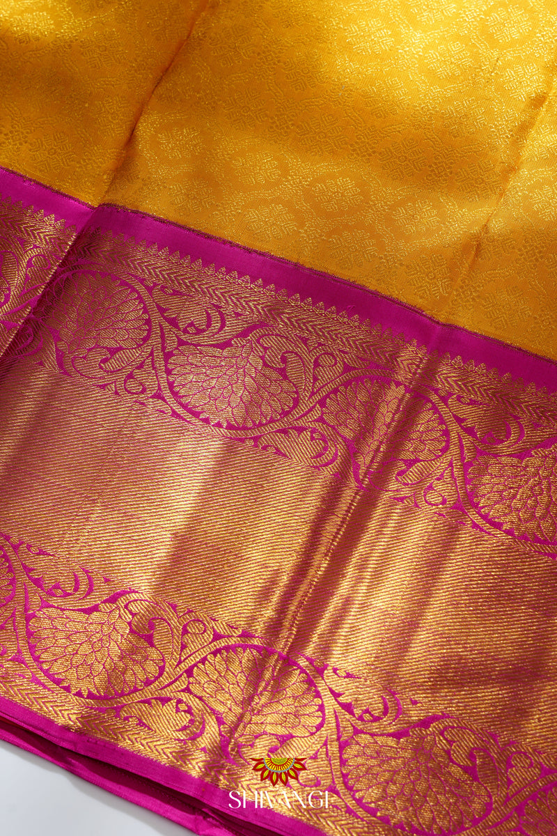 Yellow Silk Pattu Pavadai Unstitched Material For Kids