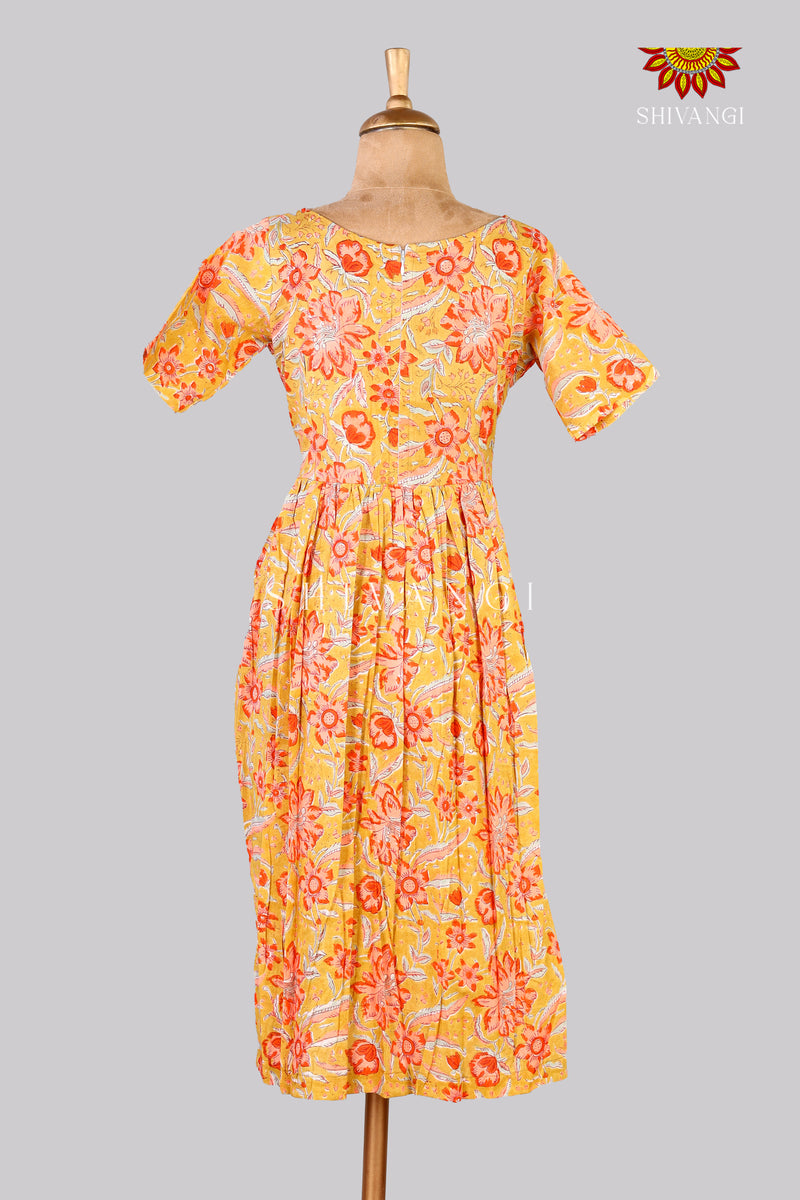 Yellow Bagru Floral Frock For Kids
