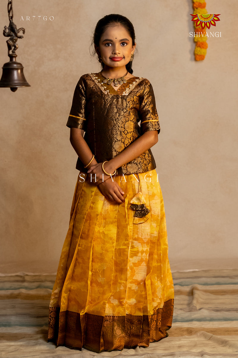 Latest Model Traditional Pattu Pavadai Designs For Girls-Golden