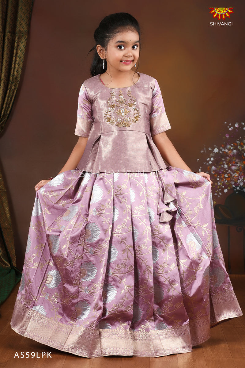 Purple Silver Lotus Pattu pavadai For Kids