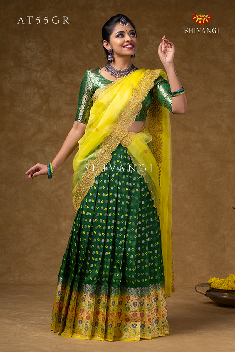 Girls Green and Yellow Floral Bandhini Pattu Half Saree Davani