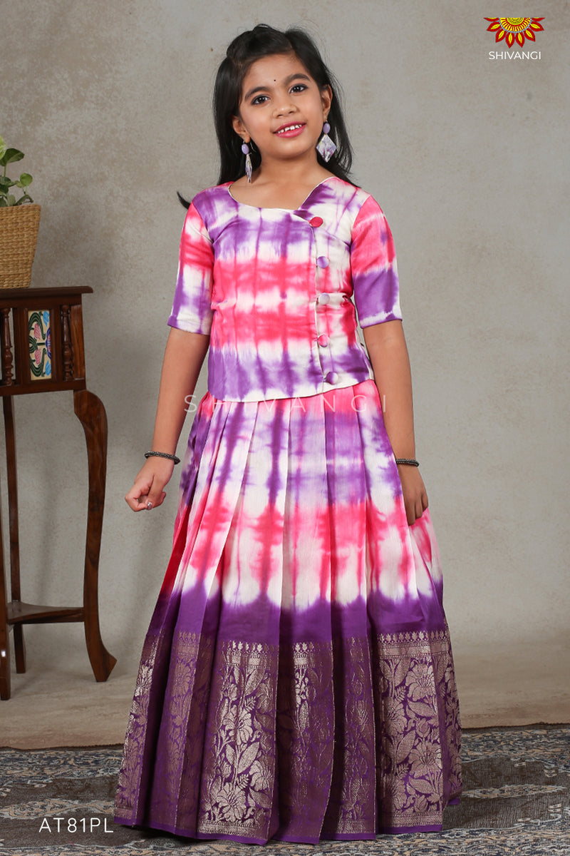 Purple Shibori Fire Pavadai Set For Kids