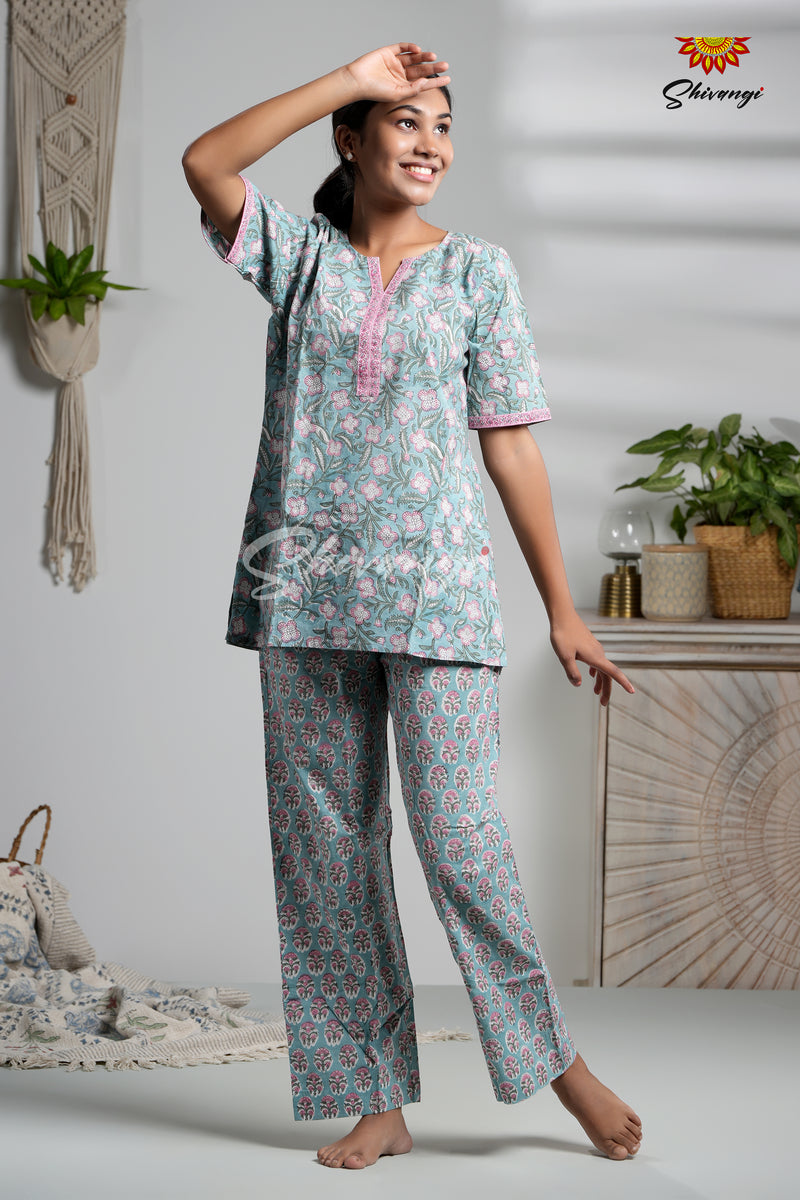 Teal Blue Floral Cotton Night Wear Set For Women