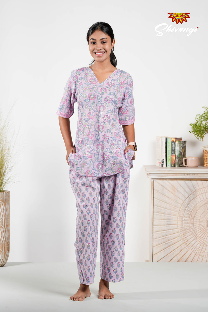 Purple Floral Print Cotton Night Wear Set For Women