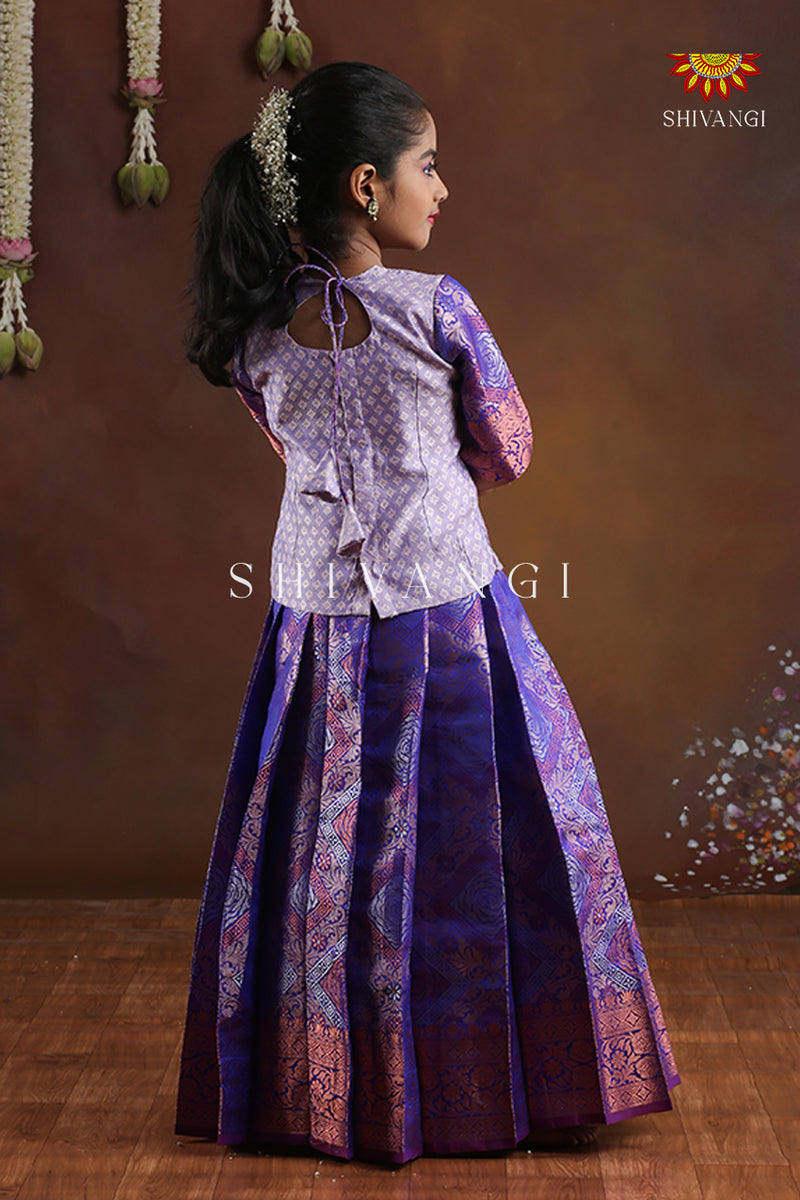 Diwali Collection - Blue Rose Pattu Pavadai For Kids