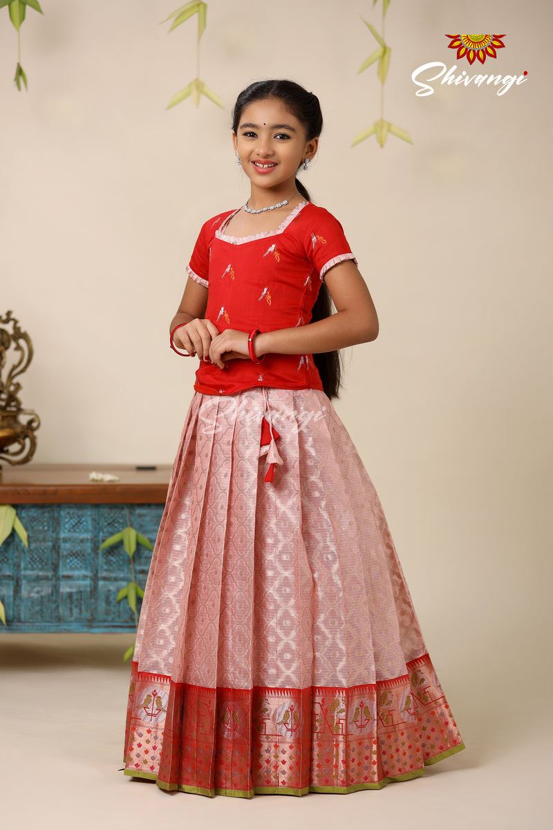 Festive Collection - Light Pink Kota Bird Pattu Pavadai For Kids