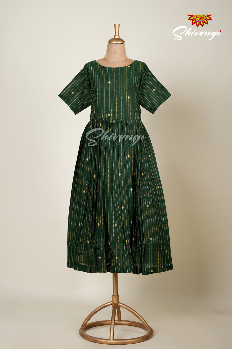 Dark Green Cotton Diamond Long Frock -Summer Collection