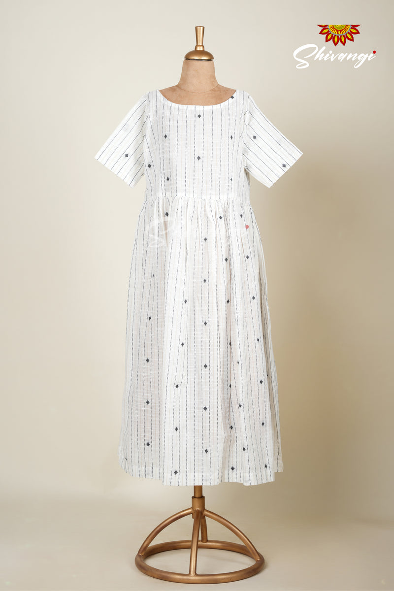 White Cotton Diamond Long Frock -Summer Collection