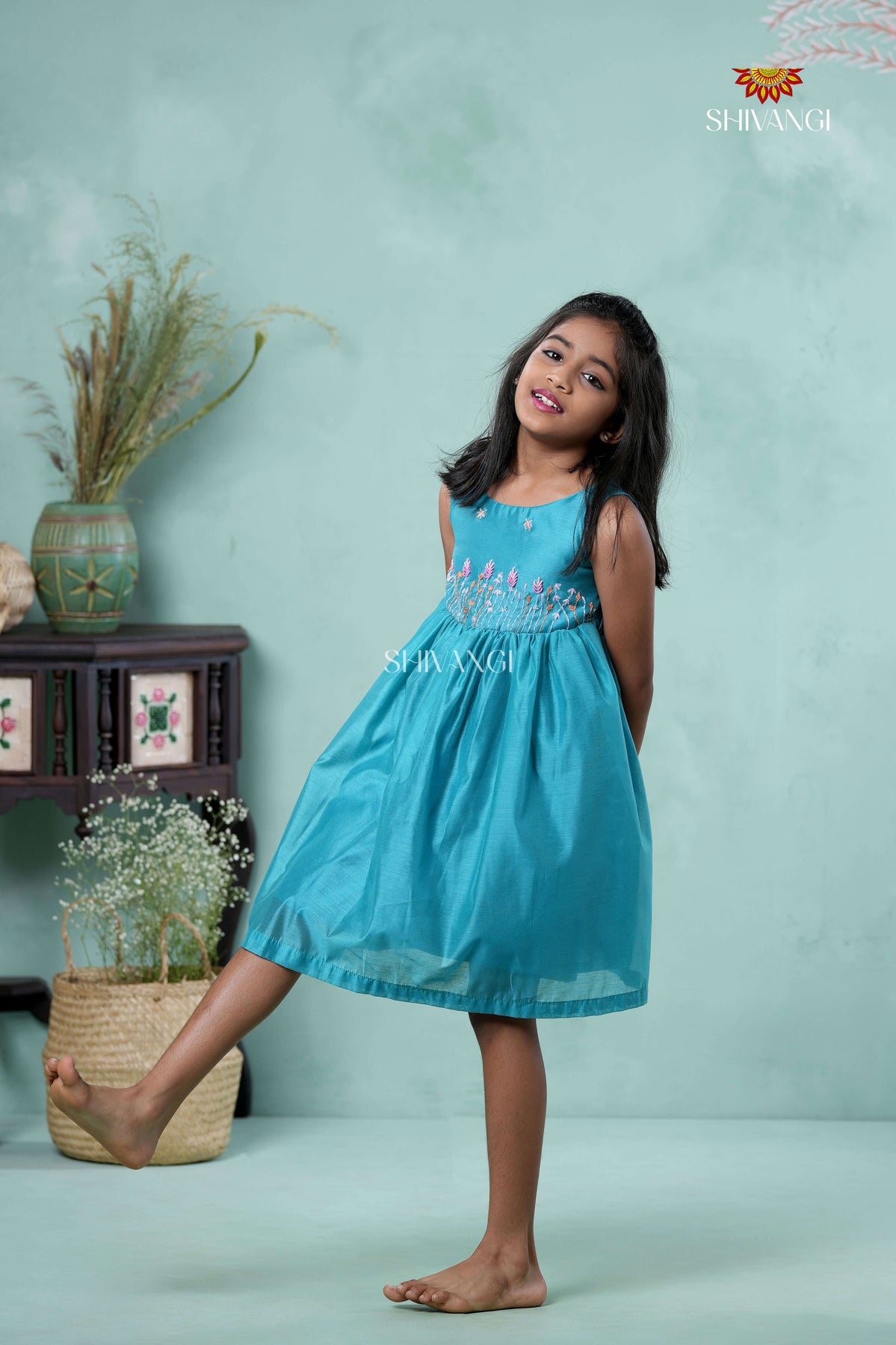 Blue Checks Rice Corn Frock For Kids