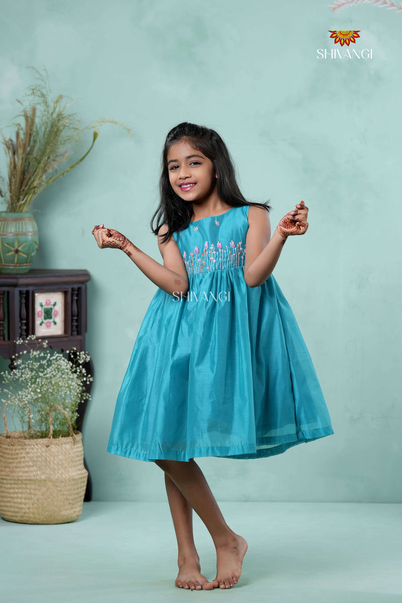 Blue Checks Rice Corn Frock For Kids