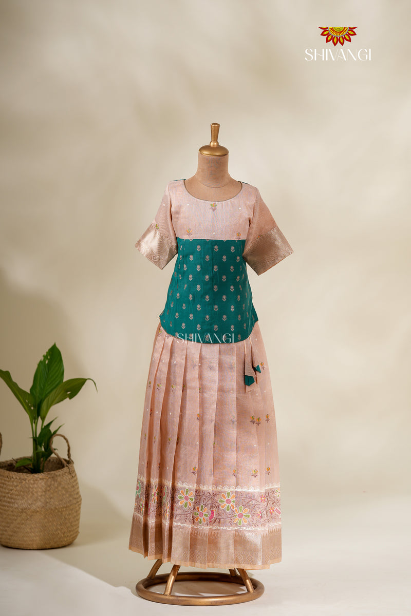 Kukkoo Floral Peach Mom And Daughter Saree and Pattu Pavadai Combo Set