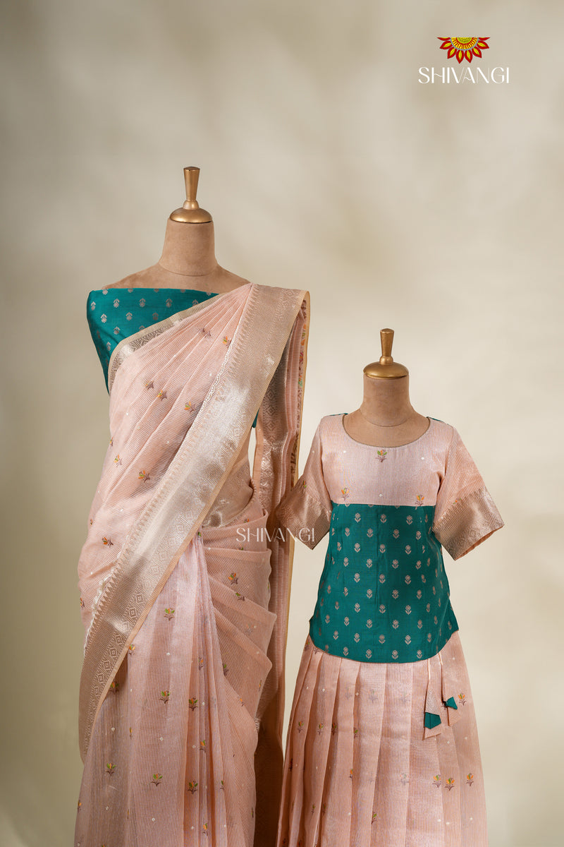 Kukkoo Floral Peach Mom And Daughter Saree and Pattu Pavadai Combo Set