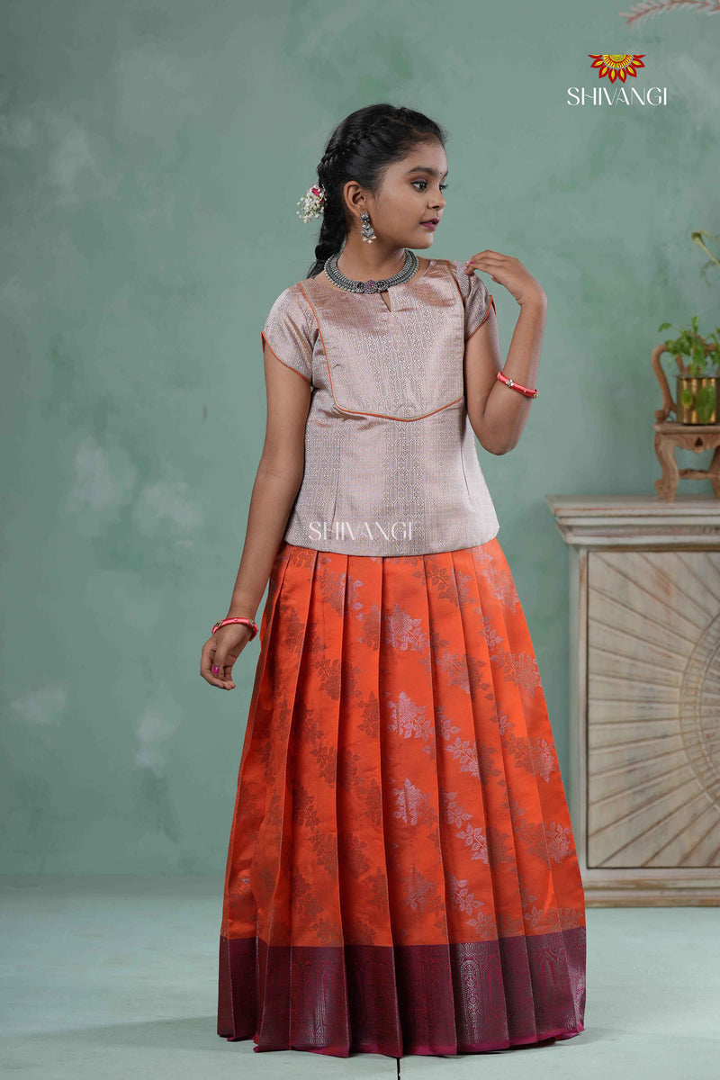 Orange Copper Rose Traditional Pattu Pavadai Set for Girls