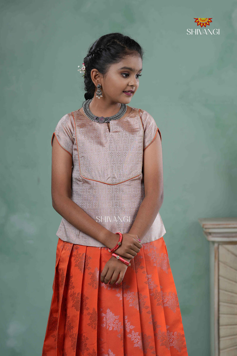 Orange Copper Rose Traditional Pattu Pavadai Set for Girls