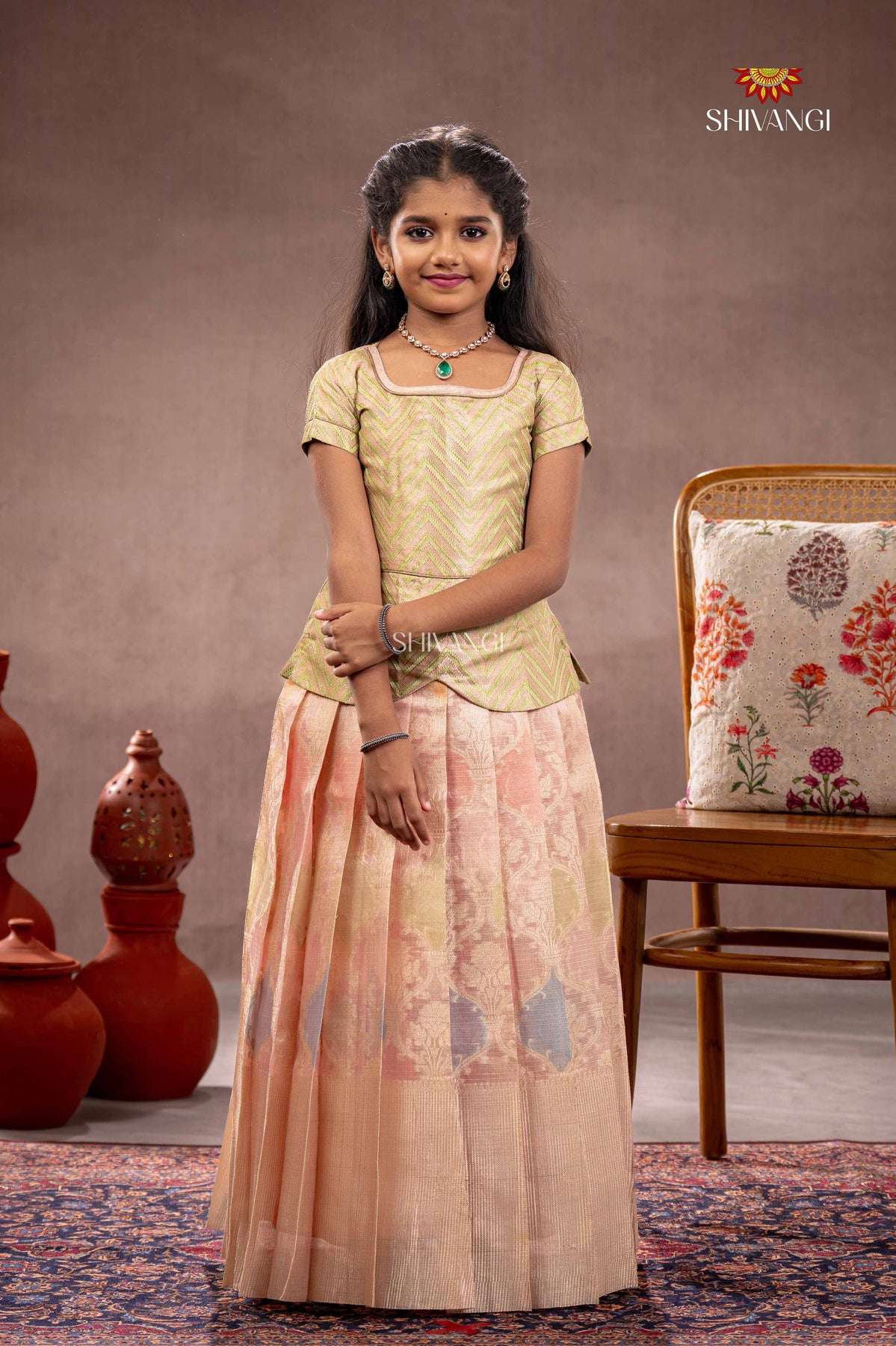Peach Yellow Diamond Traditional Pattu Pavadai Set