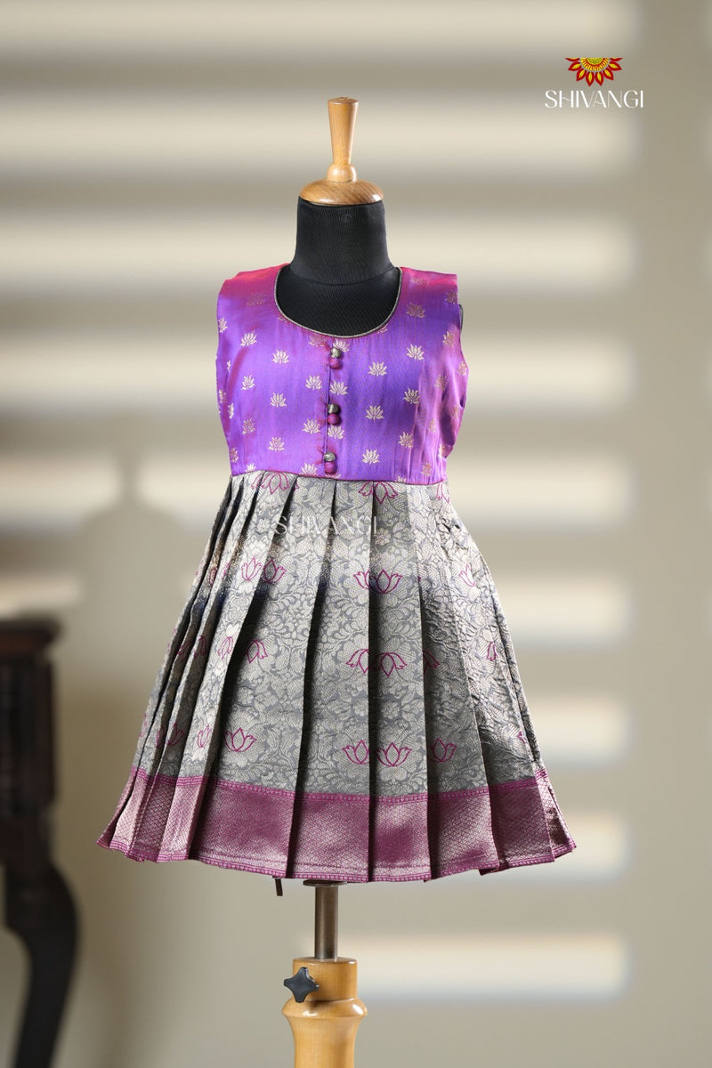 Grey Banaras Lotus Baby Frock For Kids