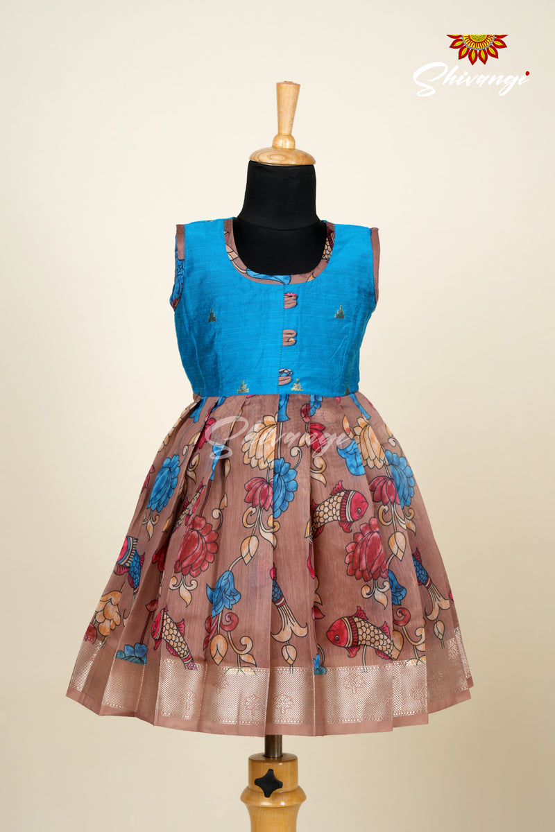 Brown Kalamkari Fish Frock For Girls