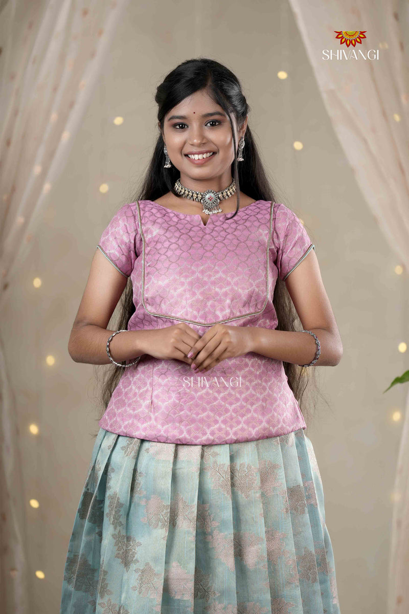 Sky Blue Climbing Rose Traditional Pattu Pavadai Set for Girls