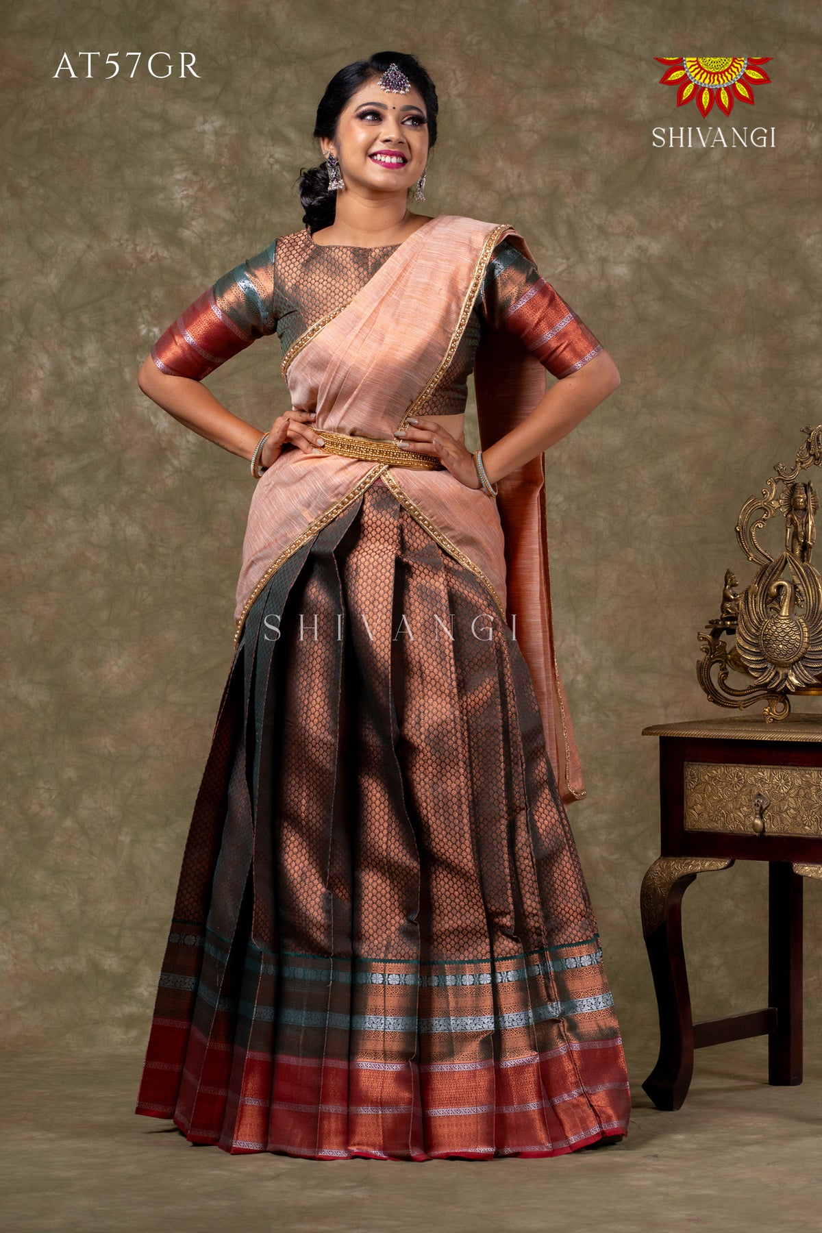 Girls Green Bali Silk Half Saree | Langa Davani