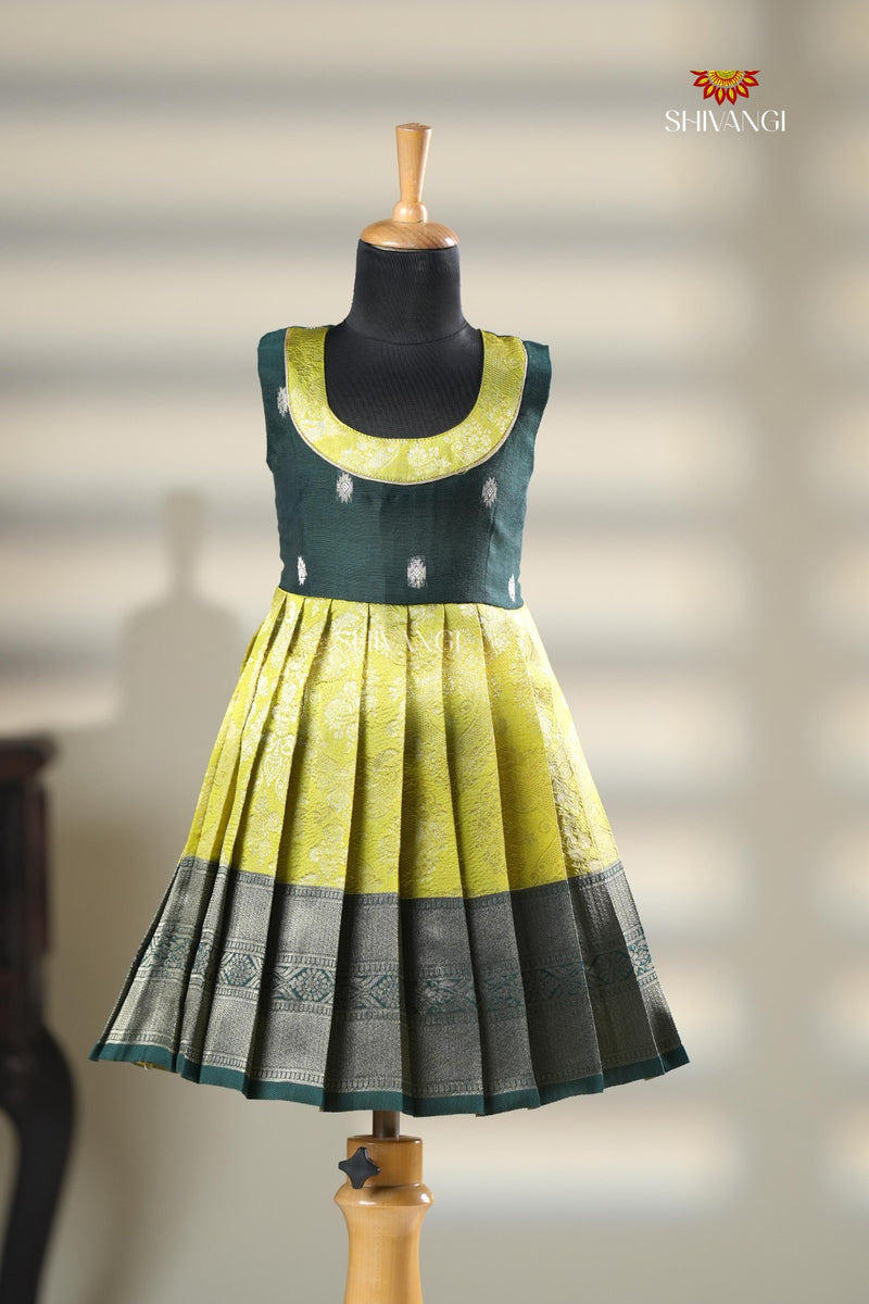 Parrot Green Golden Cocoon Baby Frock For Kids