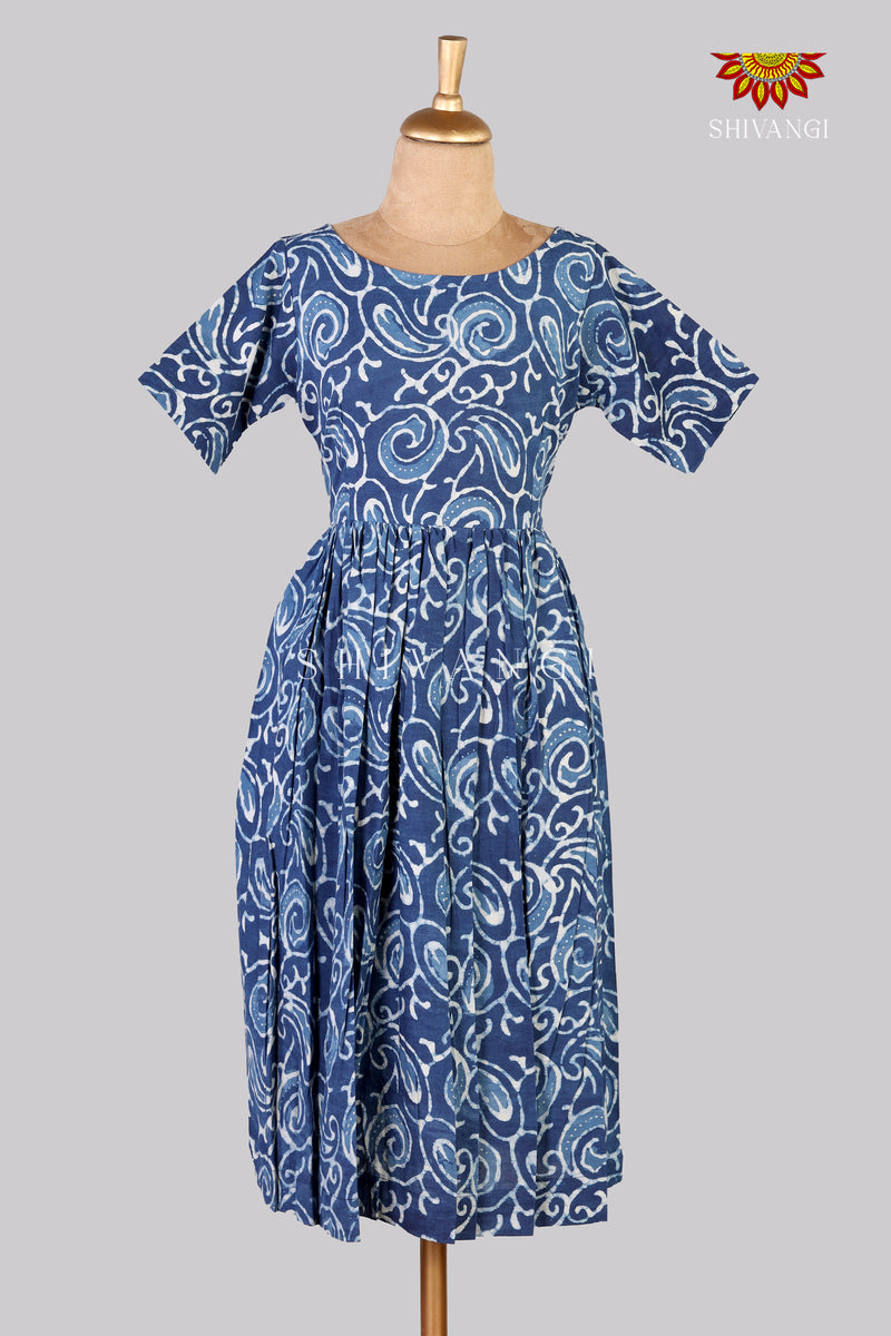Indigo Blue Bagru Floral Frock For Kids