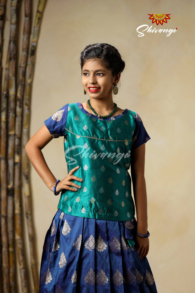 Navy Blue Manoranjitham Semi Silk Pattu Pavadai For Girls