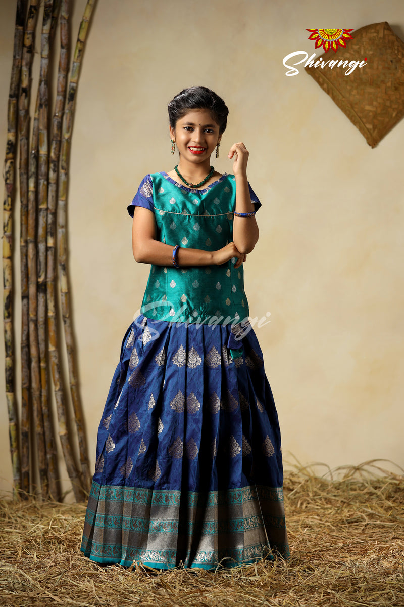 Navy Blue Manoranjitham Semi Silk Pattu Pavadai For Girls