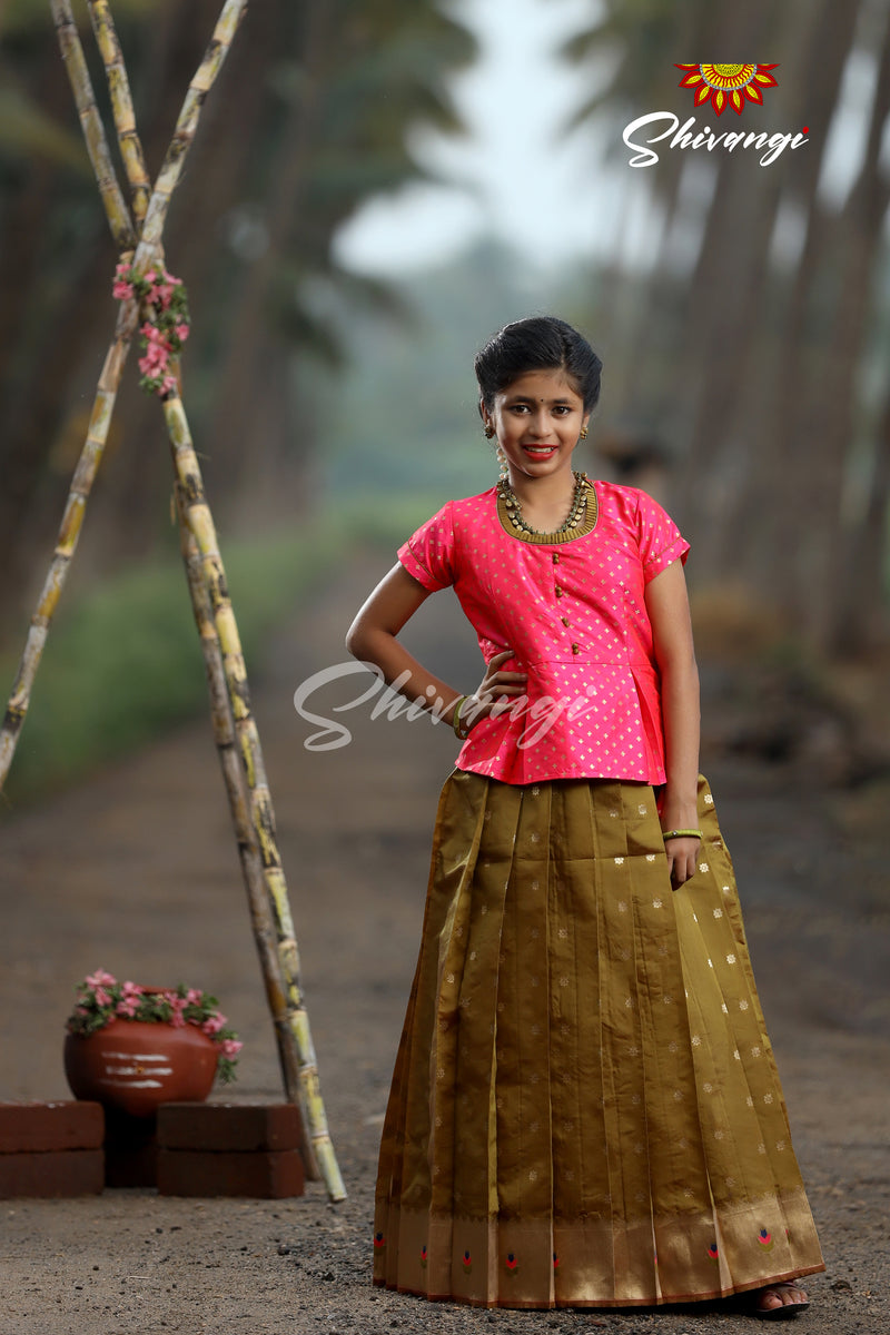 Semi Silk Pattu Pavadai Sattai Designs for Girls - Green Pepper Flower