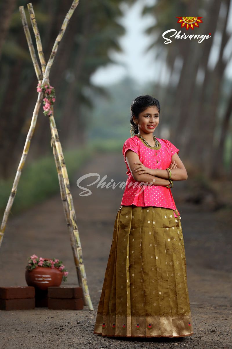 Semi Silk Pattu Pavadai Sattai Designs for Girls - Green Pepper Flower
