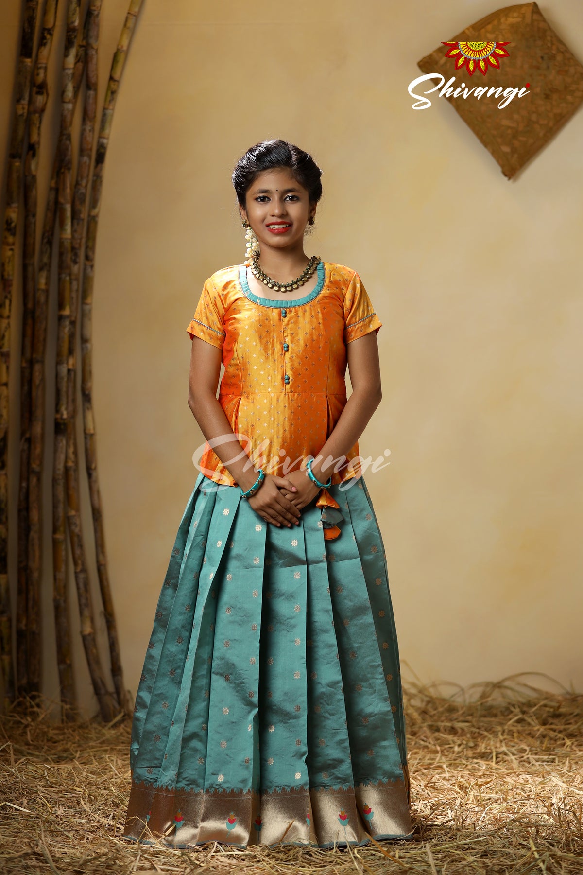 Pattu Pavadai designs in Semi Silk in Green - Pepper Flower