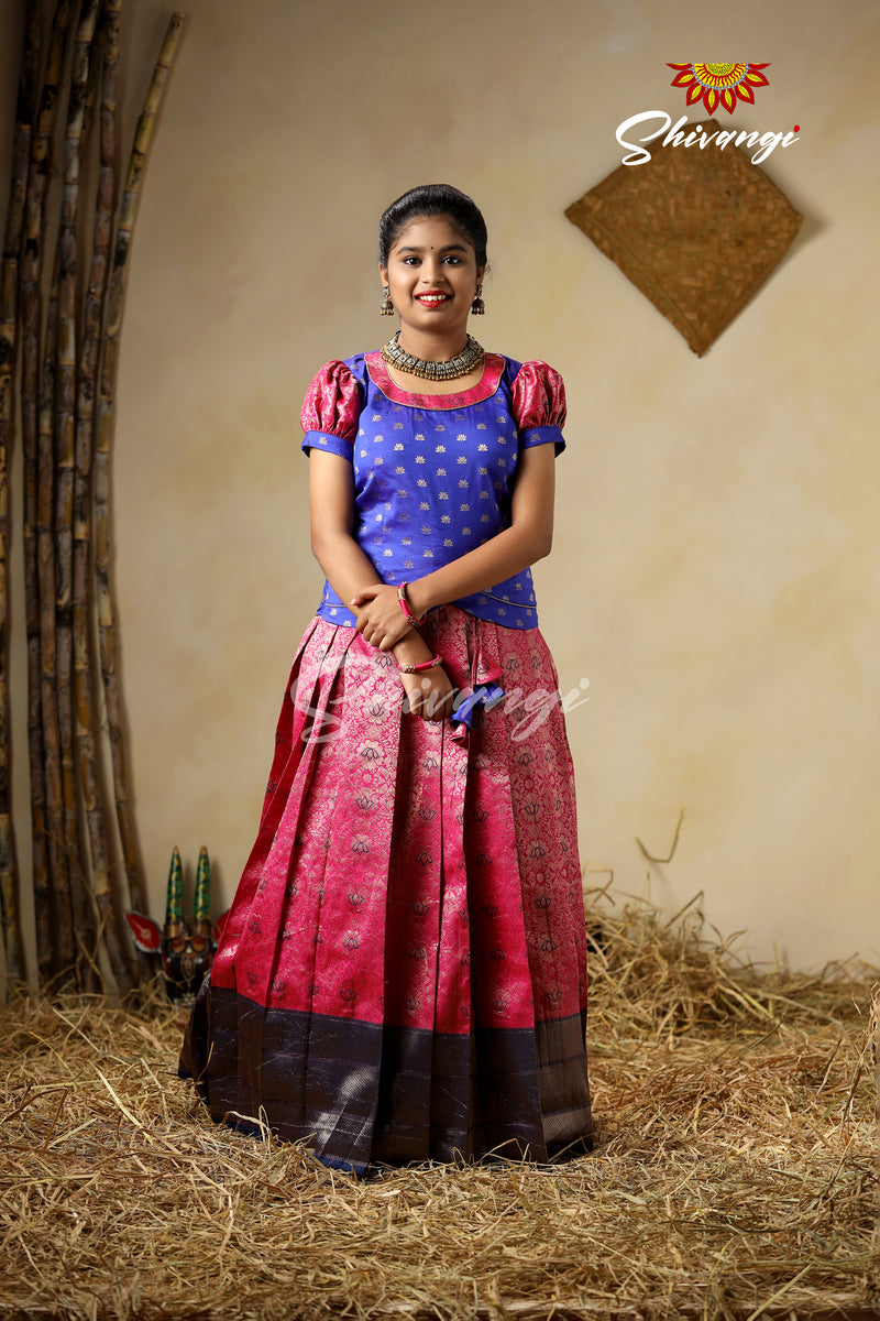 Traditional Pink Banaras Lotus Pattu Pavadai For Kids