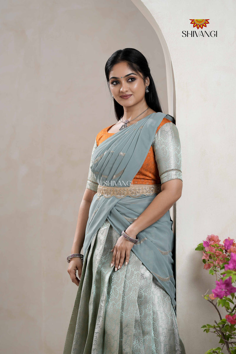 Traditional Ramar Green Pepper Seed Alpha Half Saree For Girls