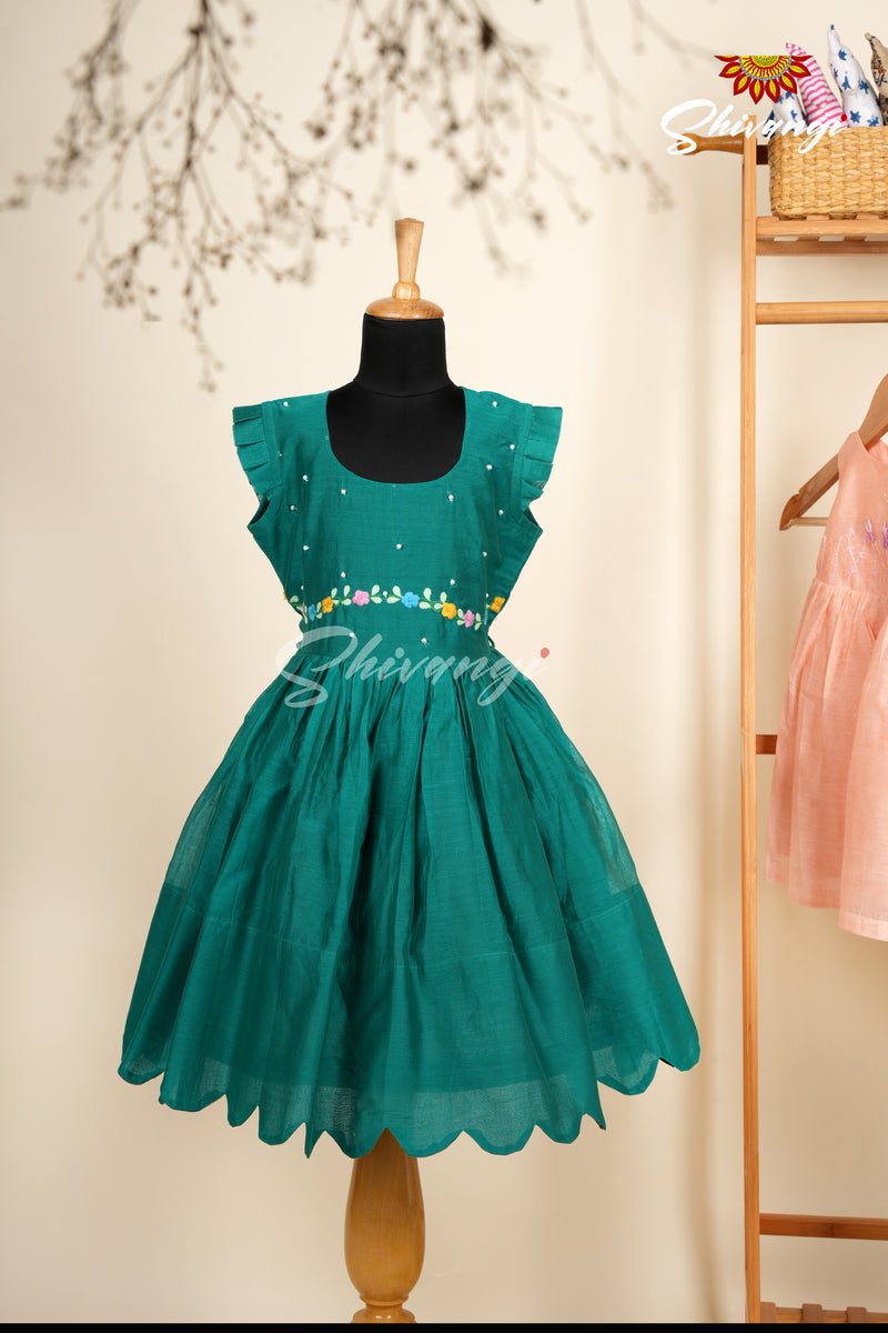 Ramar Green Floral Creeper Frock For Kids