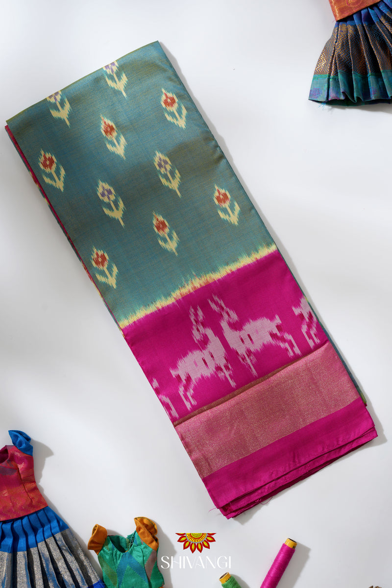 Ramar Green Pochampally Silk Pattu Pavadai Unstitched Material For Kid