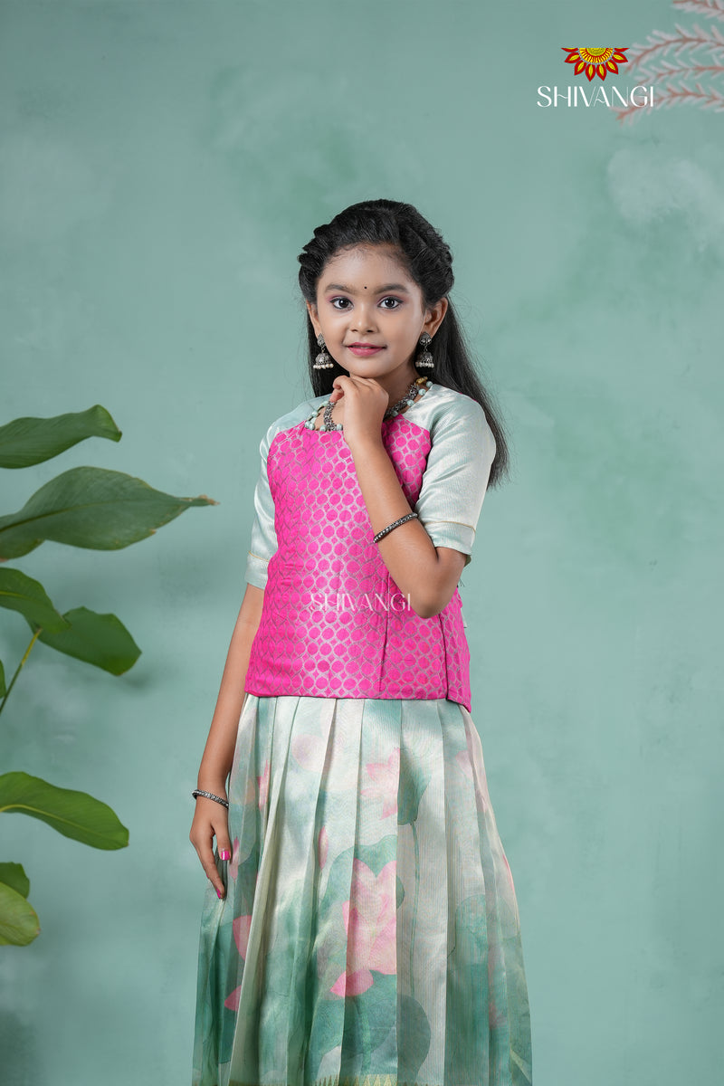 Teal Green Silk Lotus Traditional Pavadai Sattai For Girls
