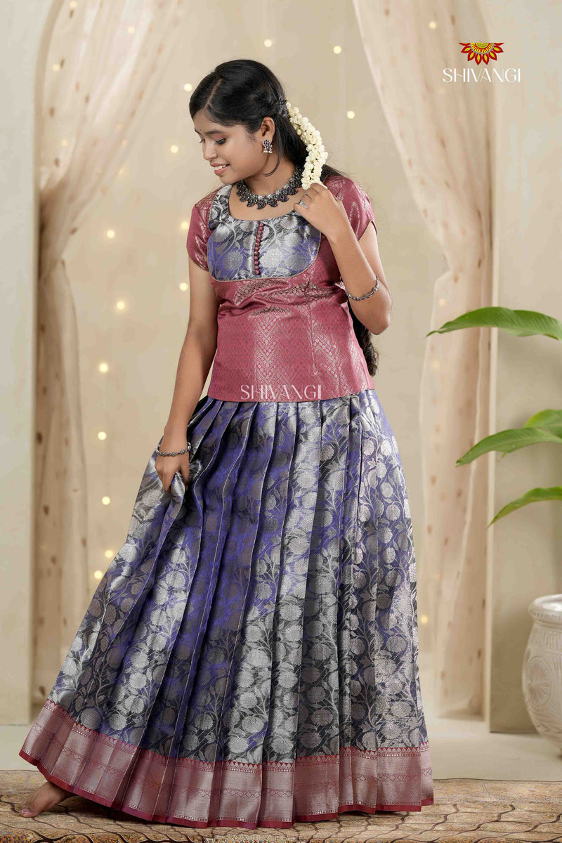 Purple Wild Creeper Traditional Pattu Pavadai Set for Girls