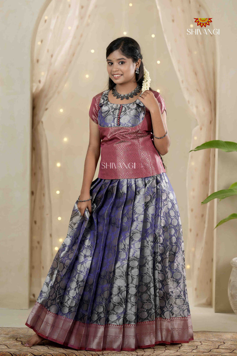 Purple Wild Creeper Traditional Pattu Pavadai Set for Girls