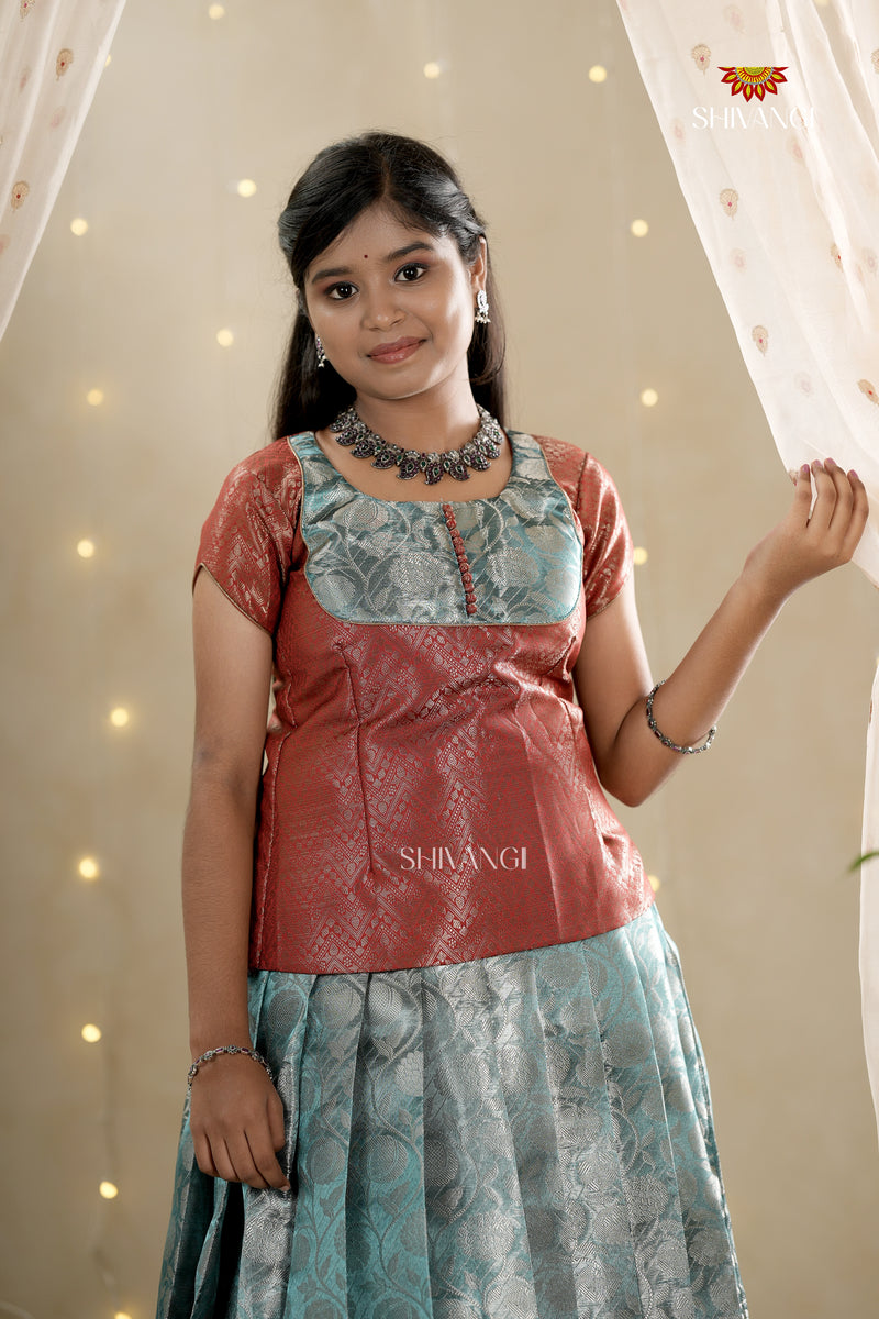 Sky Blue Wild Creeper Traditional Pattu Pavadai Set for Girls