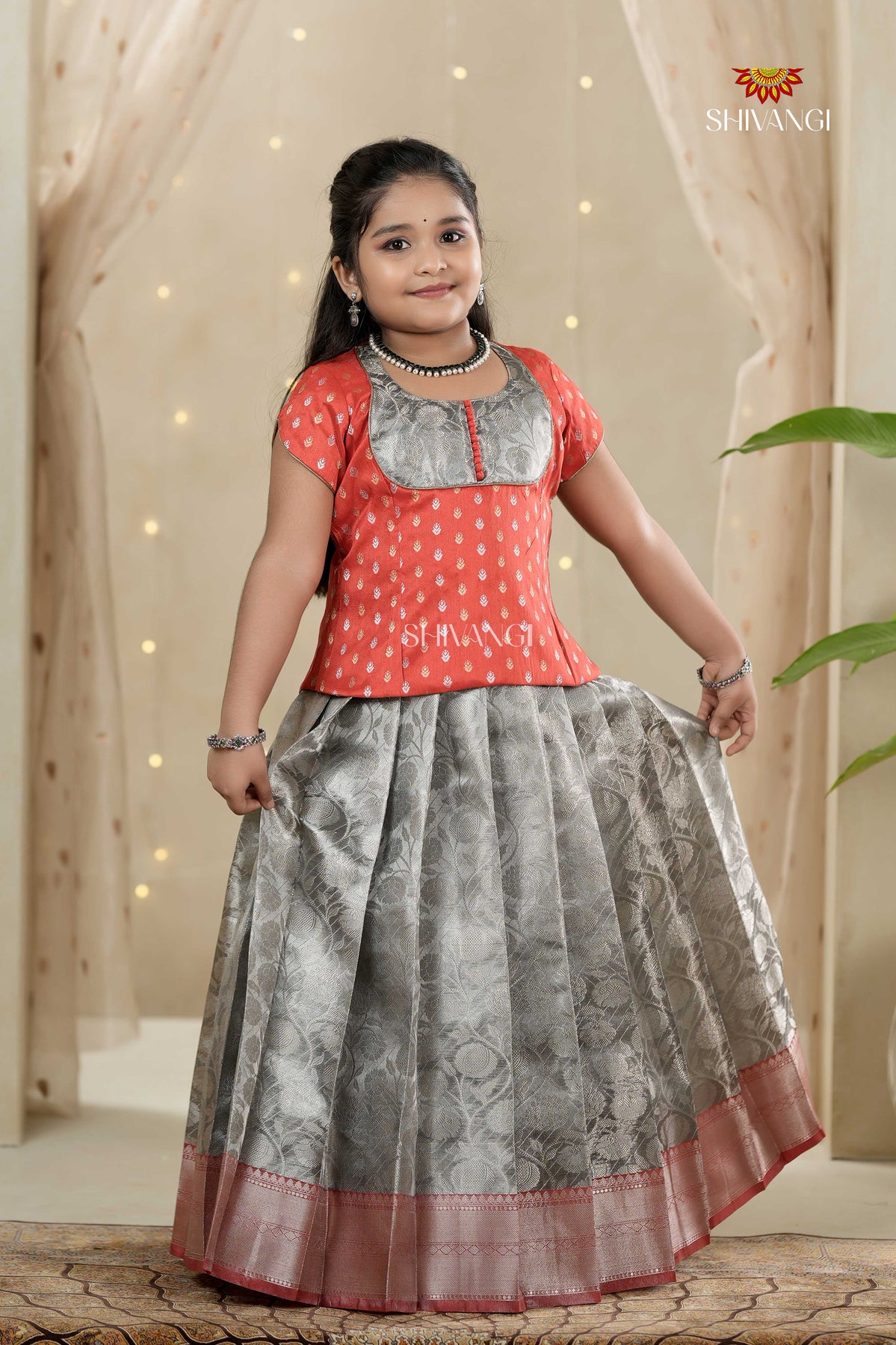 Gray Wild Creeper Alpha Traditional Pattu Pavadai Set for Girls