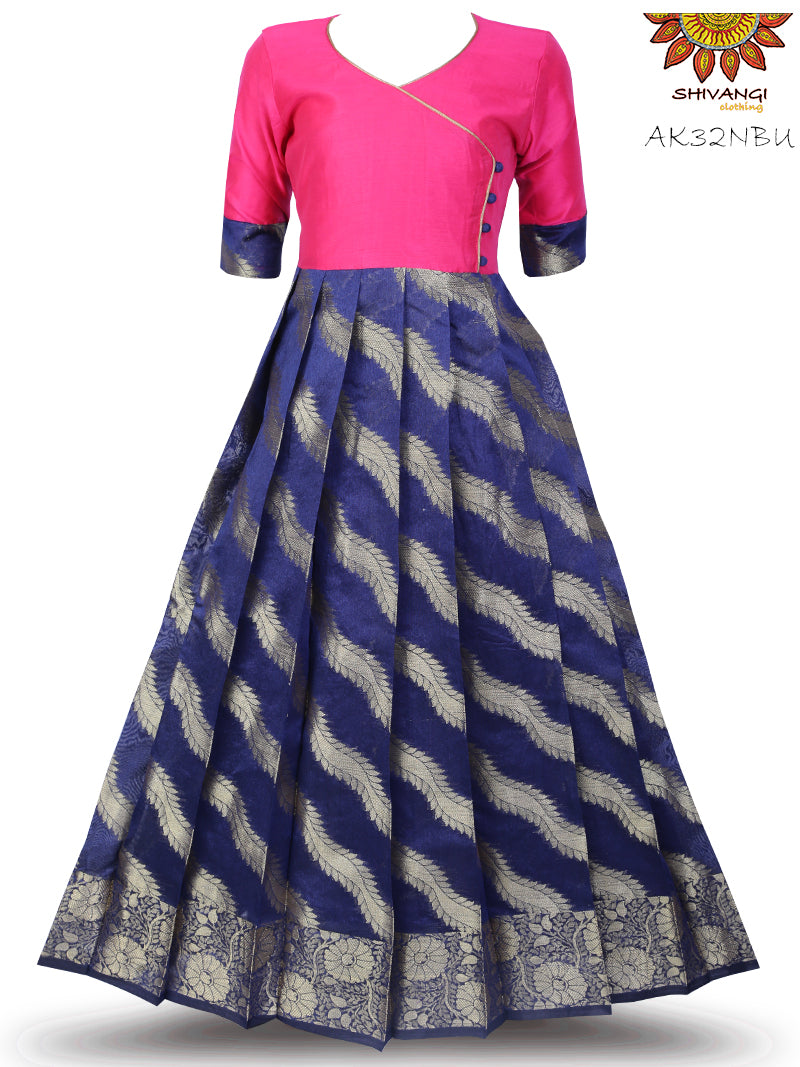 Girl Blue Floral Strip Long Frock - Shivangi Clothing
