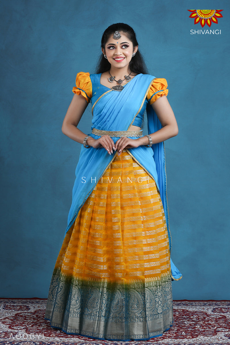Yellow and Blue Banaras Half Saree | langa davani