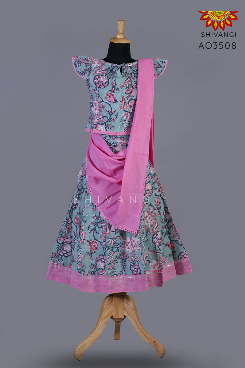 Block Print Lehenga with Dupatta in Blue Girls