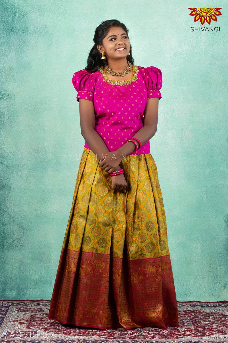 Designer Ethnic Pattu Pavadai For Girls-Traditional Wear-Green