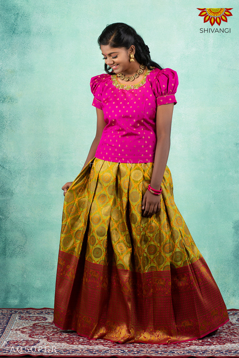 Designer Ethnic Pattu Pavadai For Girls-Traditional Wear-Green