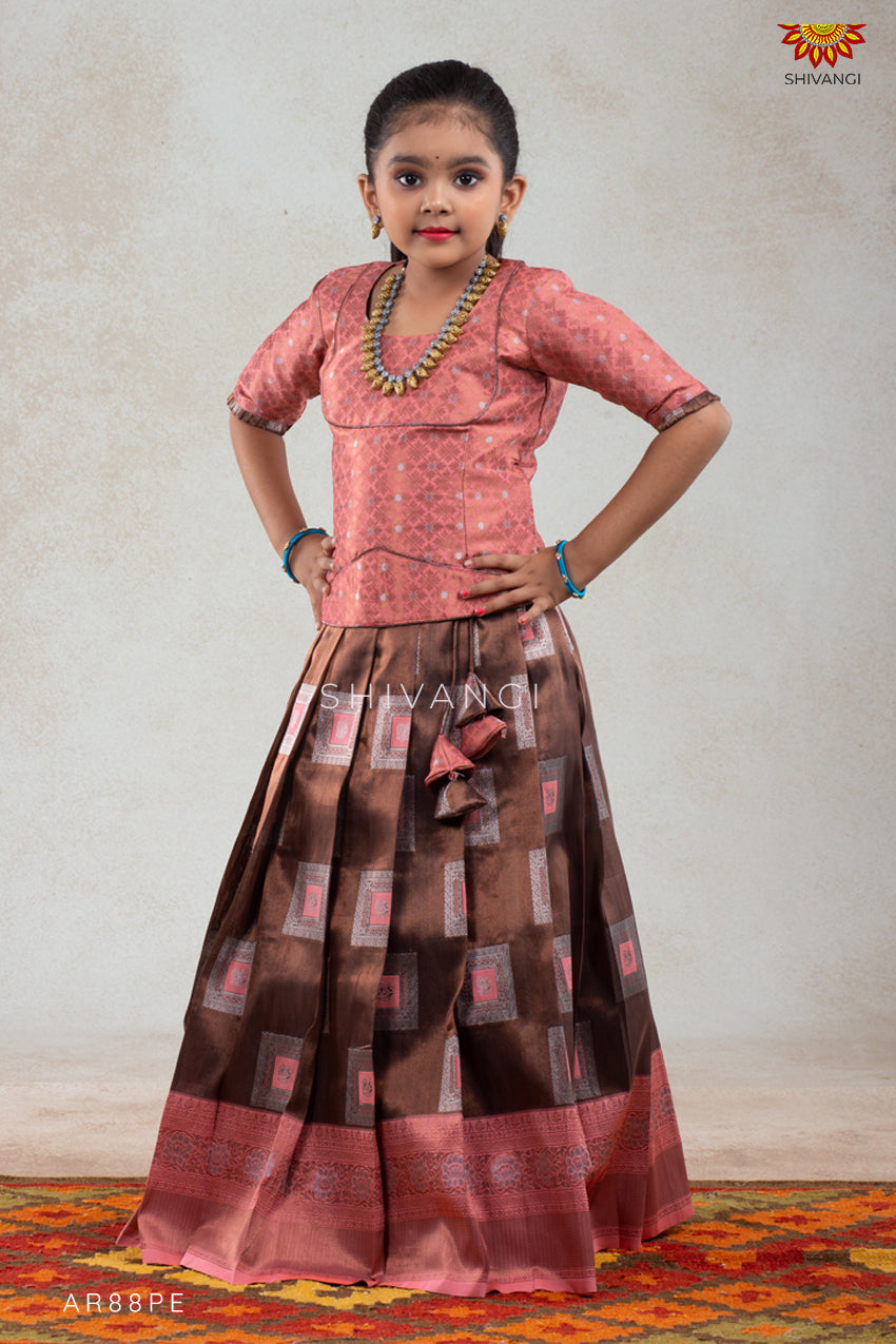 Glorious Trending Traditional Pattu Pavadai For Girls-Ethnic set-Peach