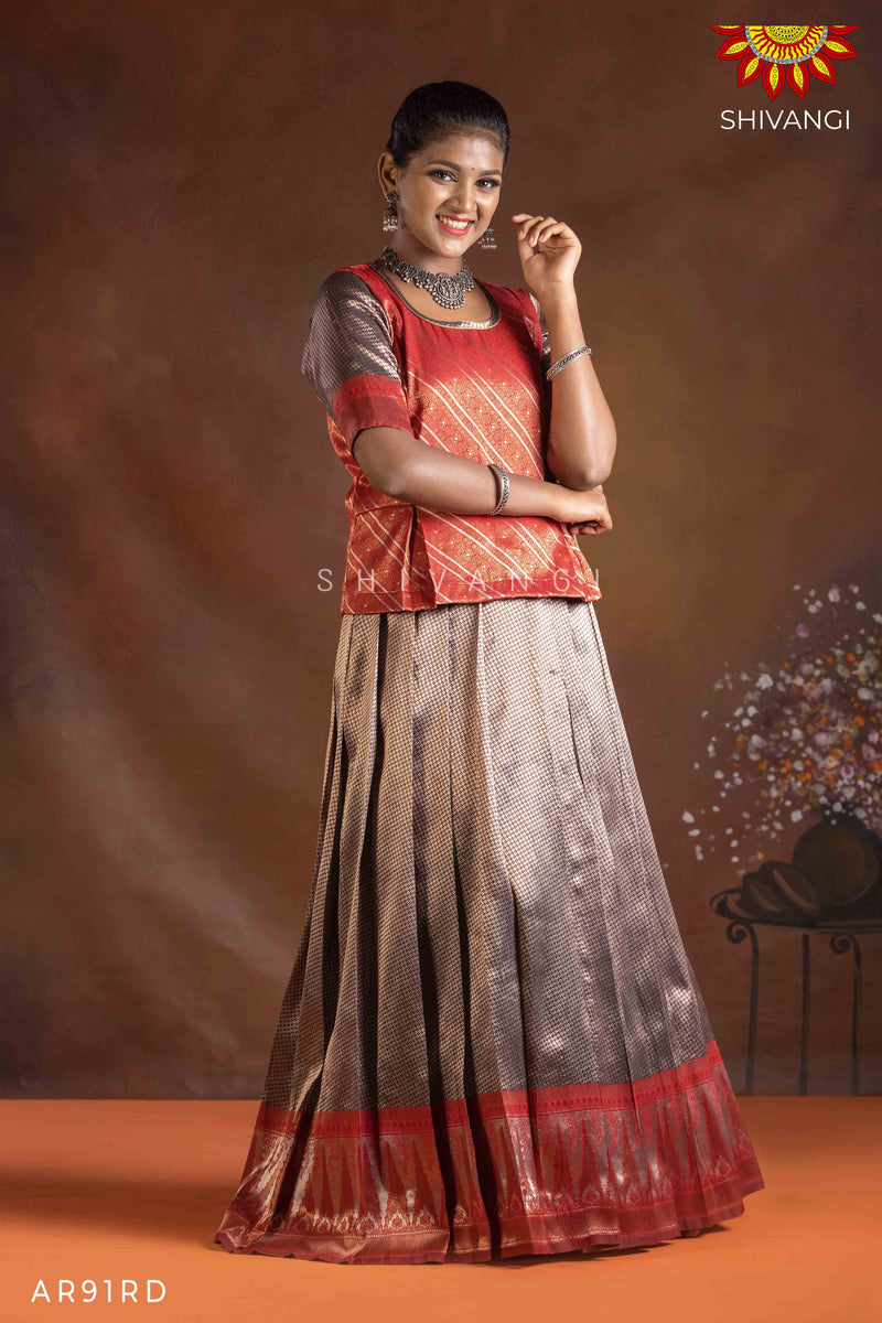 Girls Red Silver Fire Pattu Pavadai | Langa