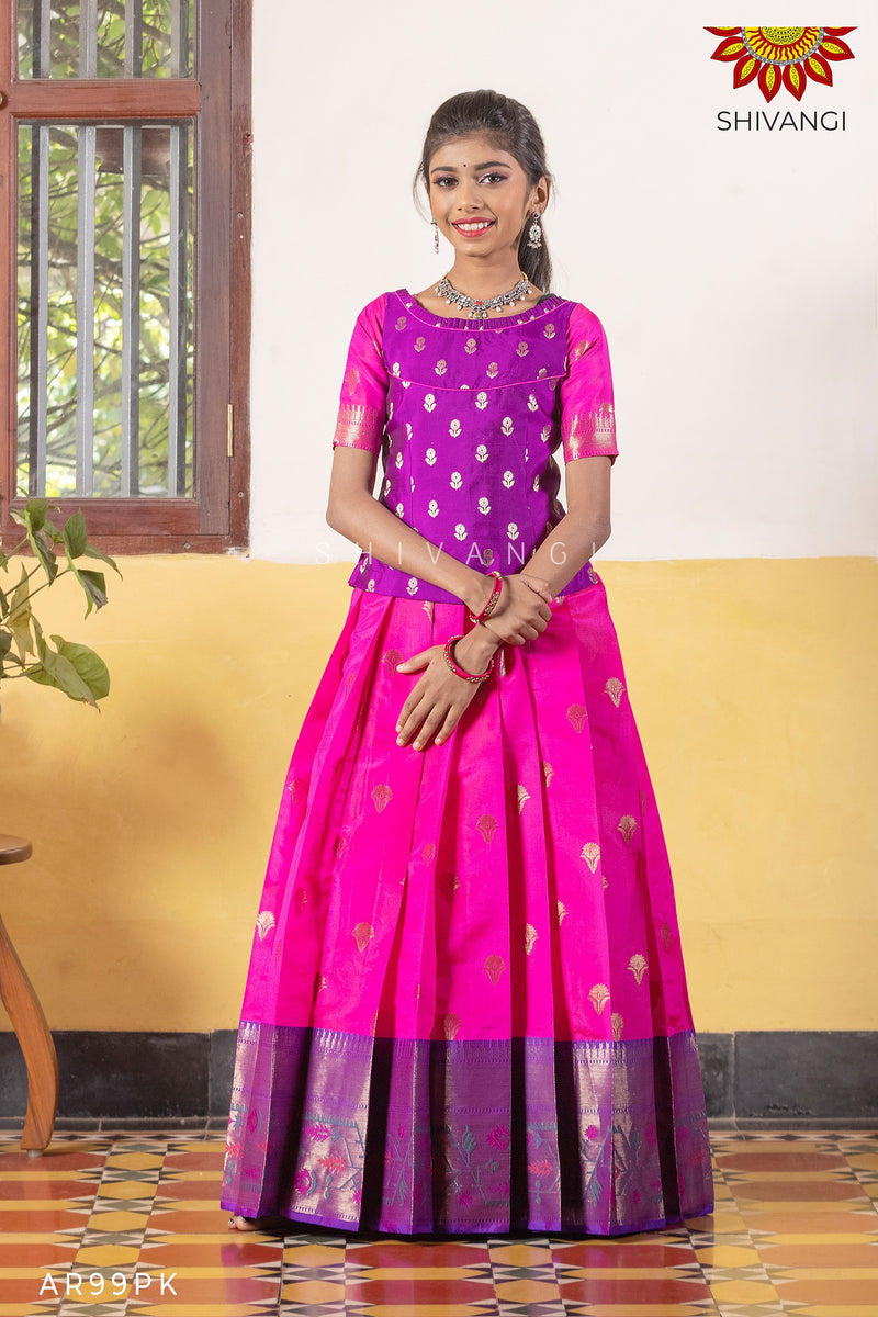 Latest New Model Trending Pattu Pavadai For Small Kids-Pink
